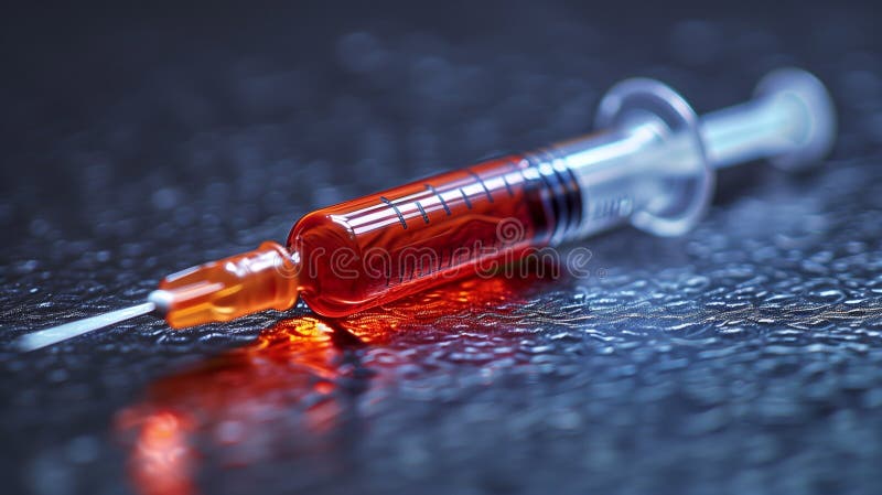 A Closeup of a Redfilled Syringe with an Orange Cap Resting on a ...