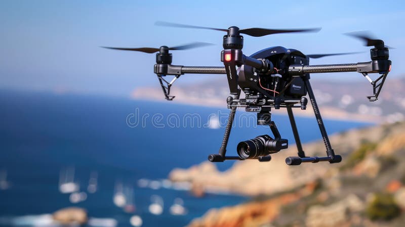 Closeup of a Remotely Controlled Black Drone with Camera Flying Along ...