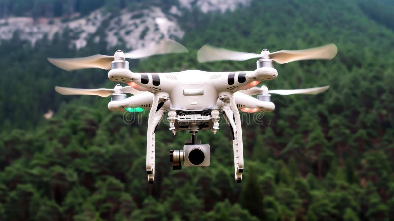 Closeup of a Remotely Controlled White Drone with Camera Flying Over a ...