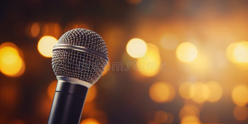 Closeup of Retro Microphone on Stage with a Bokeh Light Backdrop ...