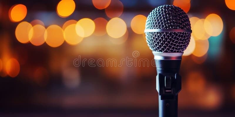 Closeup of Retro Microphone on Stage with a Bokeh Light Backdrop ...