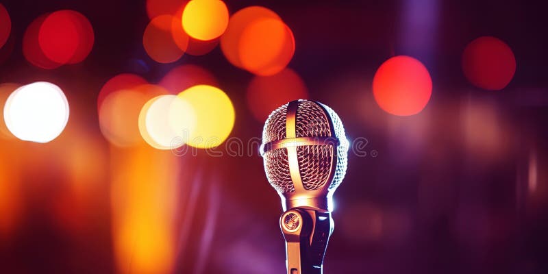 Closeup of Retro Microphone on Stage with a Bokeh Light Backdrop ...