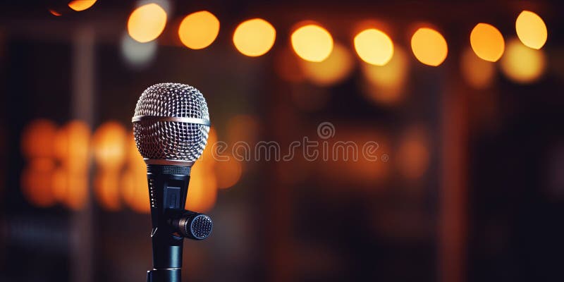 Closeup of Retro Microphone on Stage with a Bokeh Light Backdrop ...