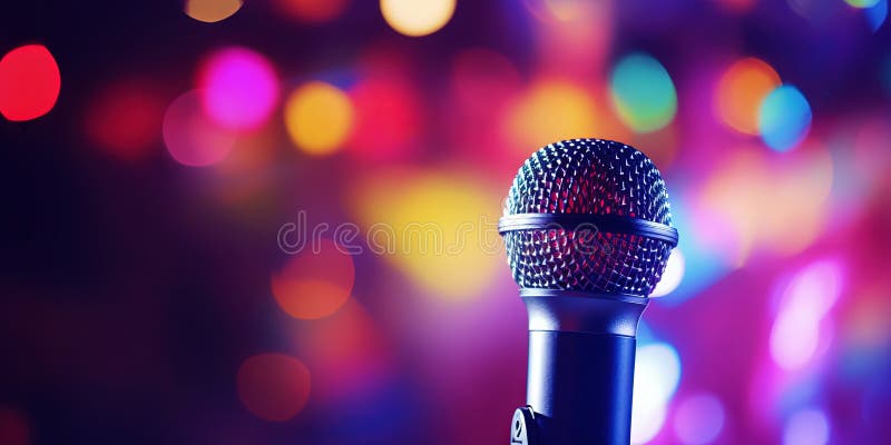 Closeup of Retro Microphone on Stage with a Bokeh Light Backdrop ...