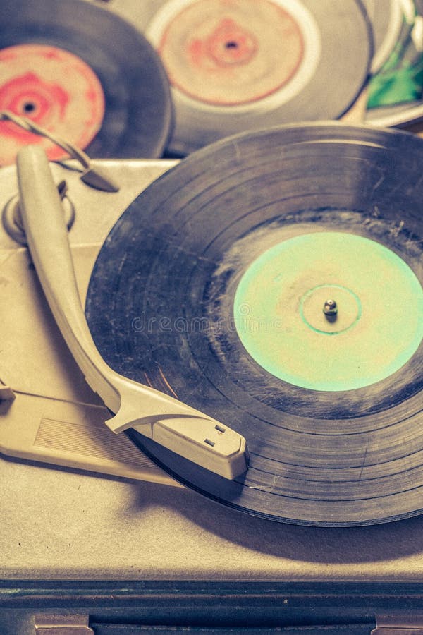 Retro Record Player and Stack of Vinyl Records Stock Image - Image of ...
