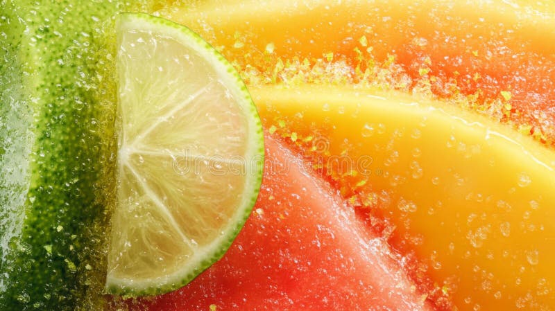 Closeup of Ripe Mango and Lime Slices with Sparkling Texture Stock ...