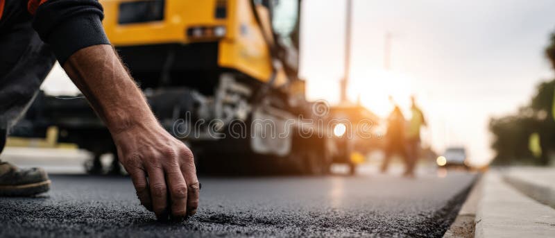 Road Worker Smoothing Asphalt with Hand during Road Construction at ...