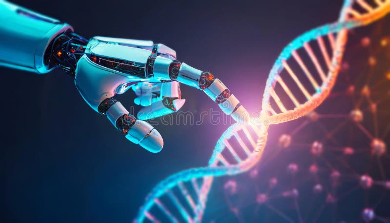 Closeup Robot Hand Touching a DNA Chain. Artificial Intelligence ...