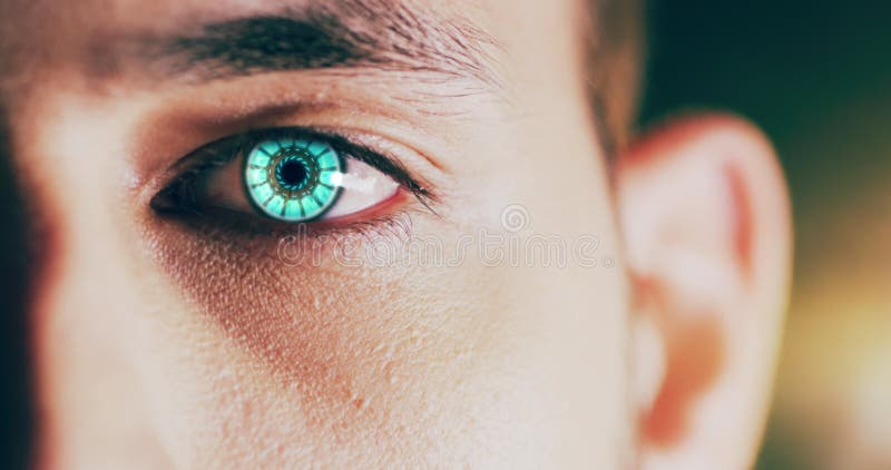 Closeup, Robotic Eye and Man with Optometry, Digital and Perception ...