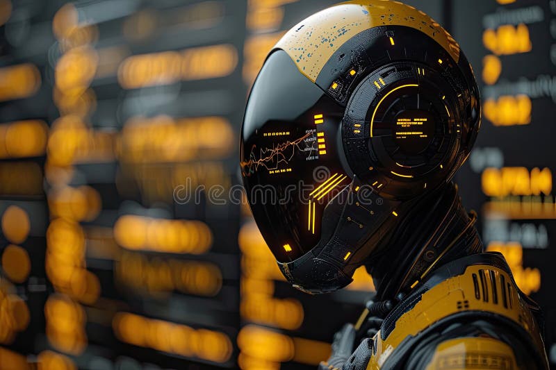 A Closeup of a Robots Face. the Robot Has a Yellow and Black Helmet ...