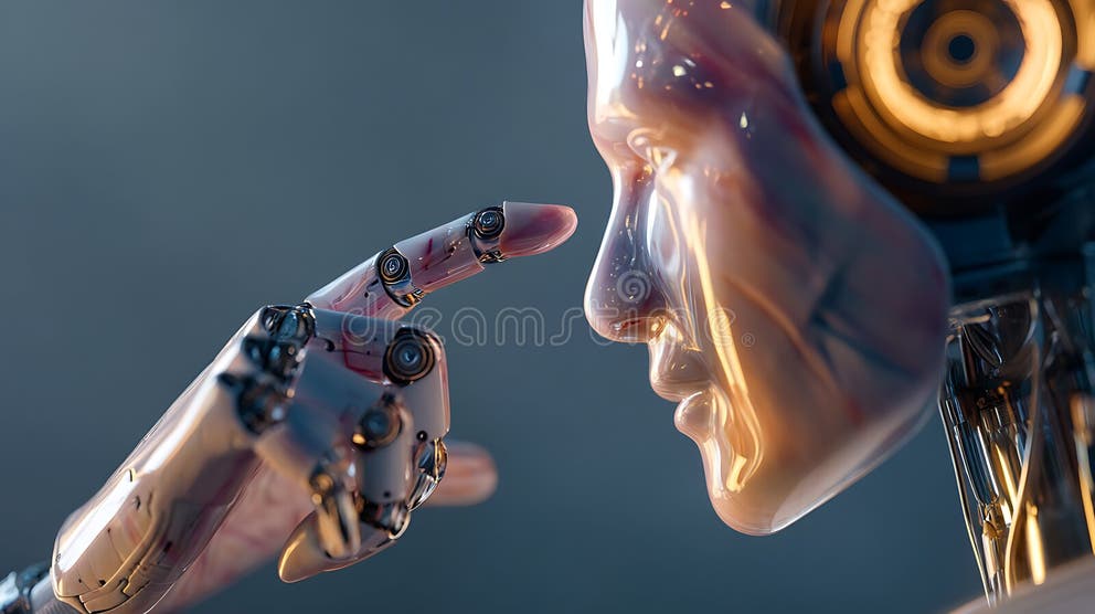Artificial Intelligence Interaction Close Up Robot Finger Touching Face ...
