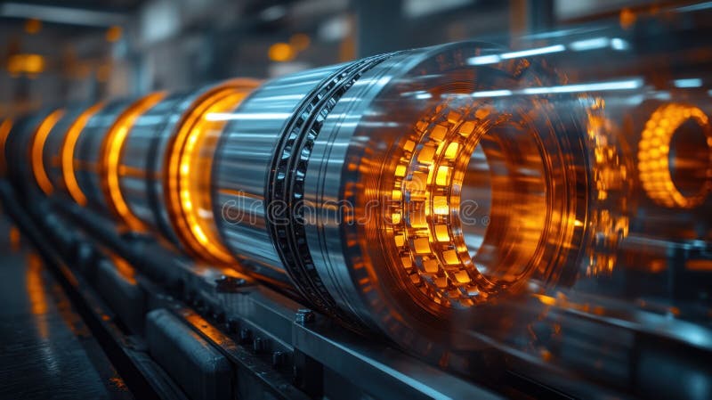 Closeup of a Row of Glowing Metallic Cylinders on a Conveyor Belt ...