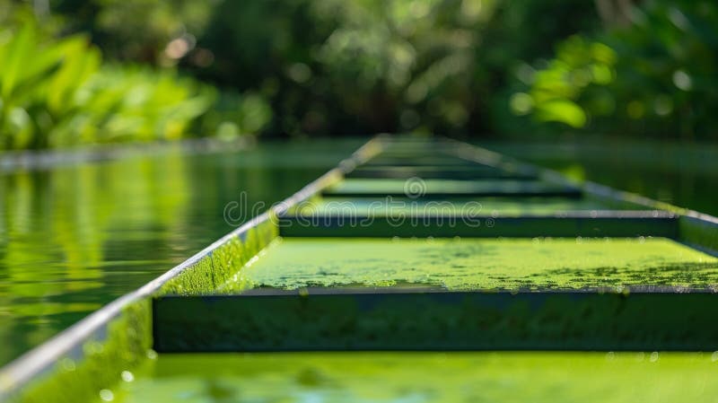 A Closeup of a Row of Large Flat Algae Ponds Reflecting the Bright ...