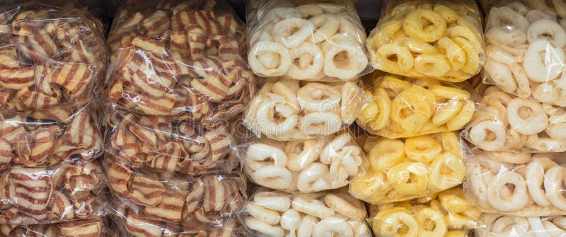 Closeup of Rows of Packaged Snacks in a Supermarket Stock Photo - Image ...