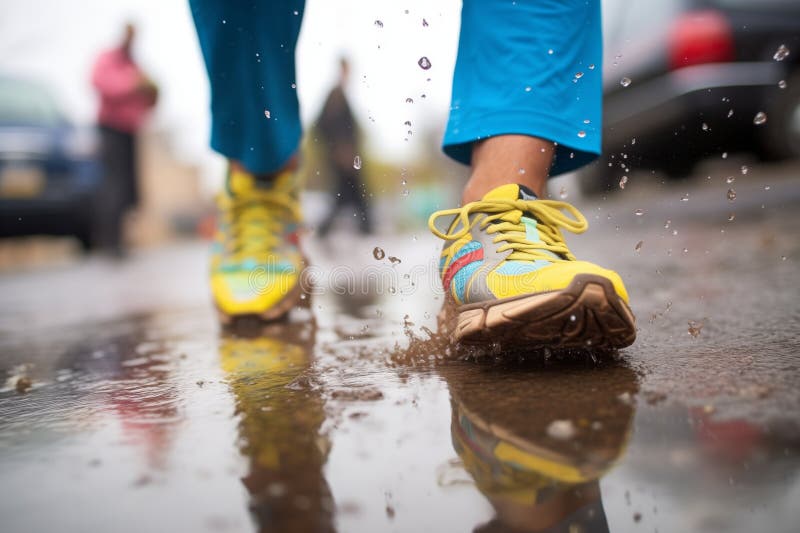 Closeup of a Runners Feet Making Waves in a Puddle during Marathon ...