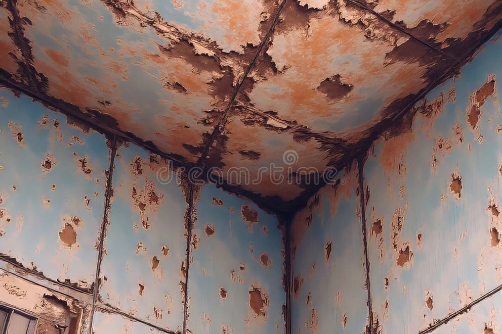 Closeup of a Rusted Damaged Interior Wall and Ceiling Corner a Study in ...