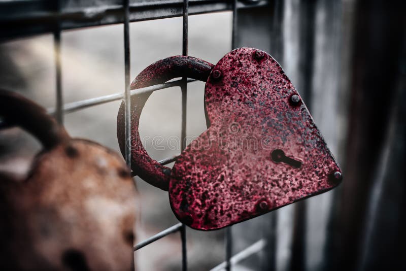Closeup of a Rusty Heart-shaped Padlock on a Steel Fence Stock Photo ...