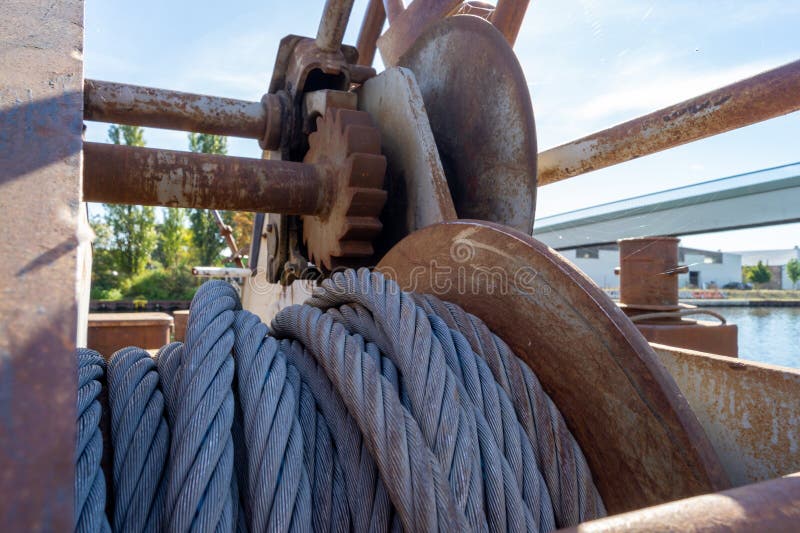 Closeup of Rusty Winch with Rope on an Old Ship Stock Photo - Image of ...