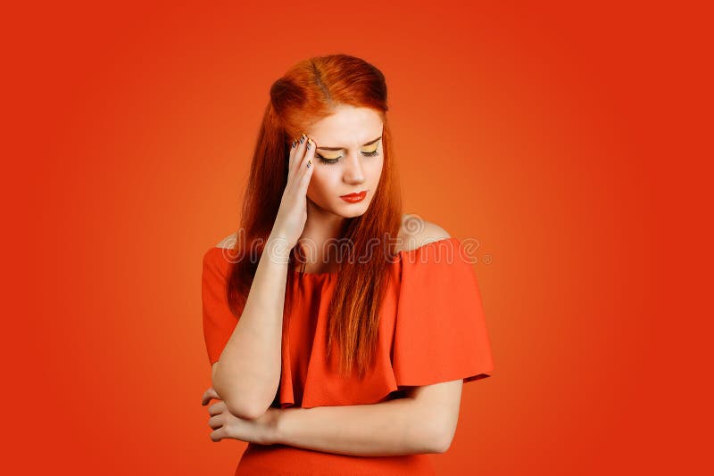 Sad Woman With Worried Stressed Face Expression Looking Down Stock