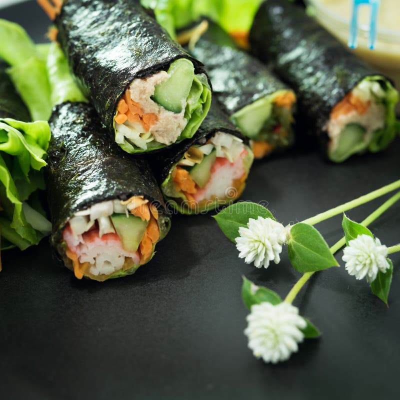 Closeup Salad Roll in Black Dish Stock Photo - Image of salad, seafood ...