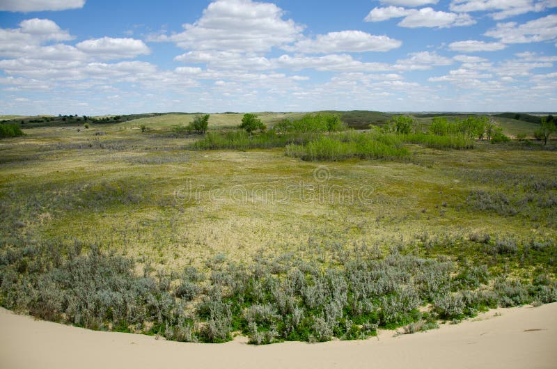 Closeup of a Sandy Area and Green Hill on a Sunny Day Stock Photo ...