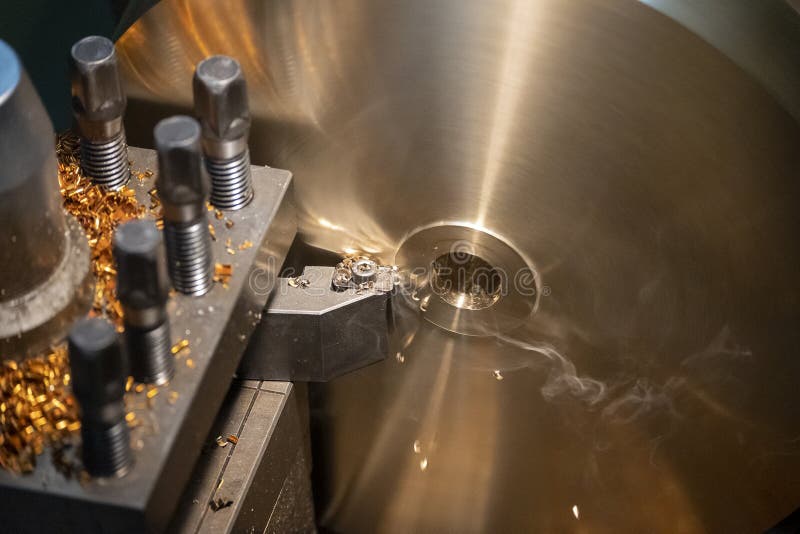 Closeup Scene the Lathe Machine Finish Cut the Brass Parts by Lathe ...