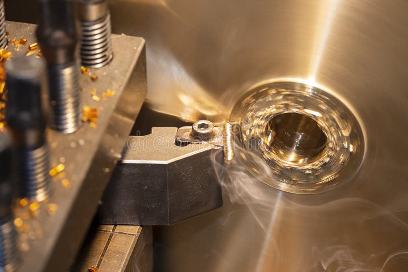 Closeup Scene the Lathe Machine Rough Cutting the Brass Disk Parts by ...