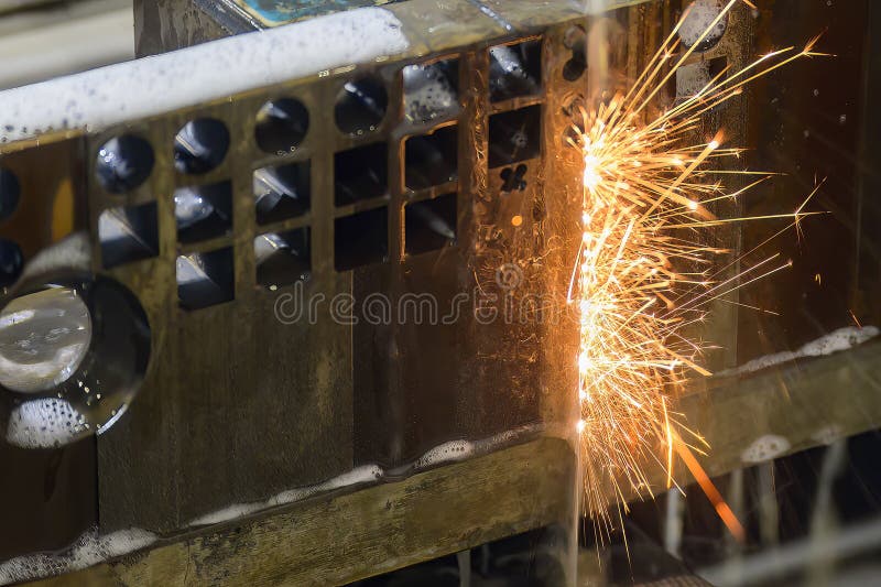 Closeup Scene the Wire EDM Machine Cutting the Mold Insert Parts Stock ...