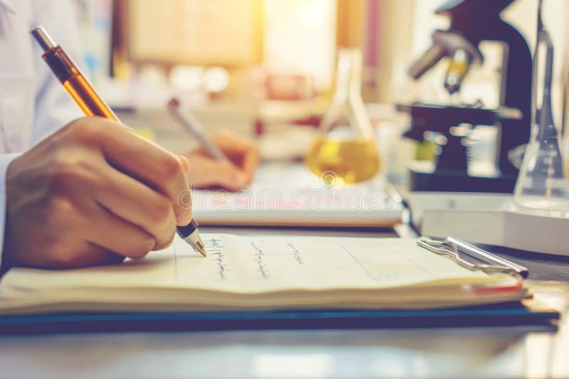 Closeup of Scientist Writing Results in a Lab Notebook in a Laboratory ...