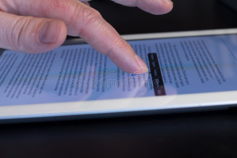 Closeup Scrolling Finger Touching Tablet Stock Photo - Image of reading ...