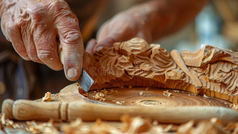 Closeup of Sculptor Hand Holding Chisel Carving in Wood Stock ...