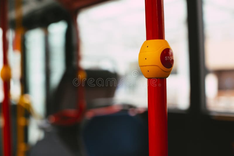 Closeup Selective Focus Shot of a Bus Interior with Signs and Equipment ...
