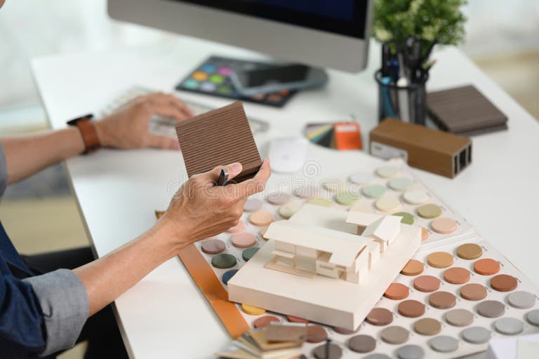 Closeup Senior Designer Working on Interior Renovation and Choosing Material Samples Stock Image ...