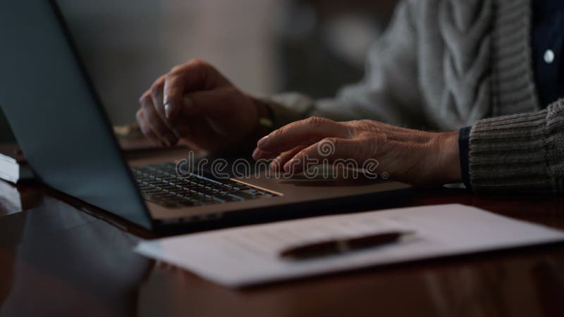Old Man Hands Touching Touchpad Laptop at Home. Unknown Gentleman Using ...