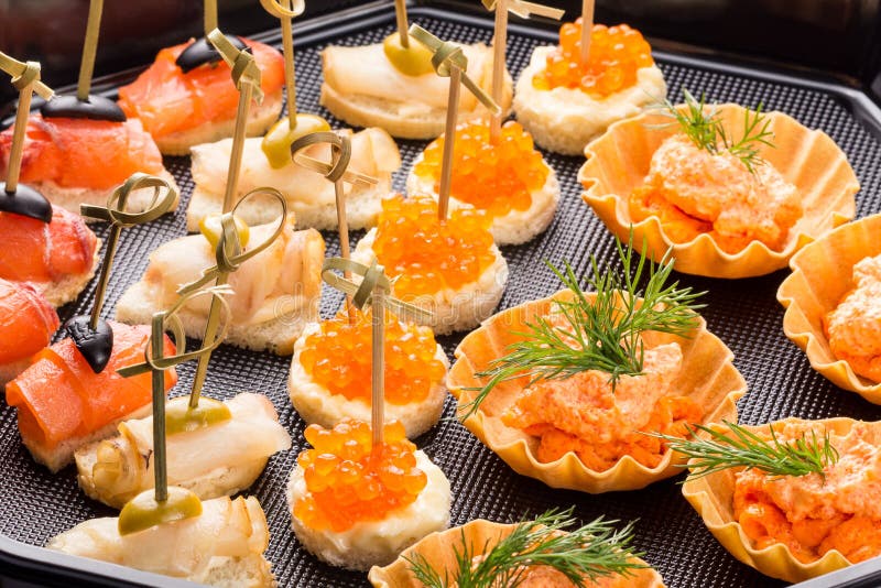 Closeup Set Different Canapes and Snacks Stock Image - Image of caviar ...