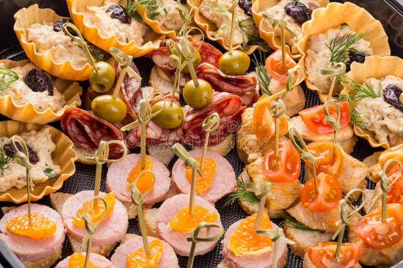Closeup Set Different Canapes and Snacks Stock Photo - Image of meat ...