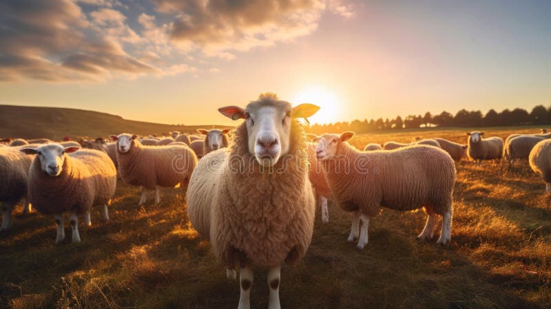 Closeup of a Sheep with Sheep Herd in the Field in the Warming Light of ...