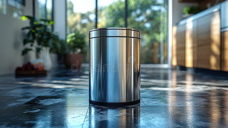Closeup of Shiny Silver Trash Can on the Floor in Modern Kitchen ...