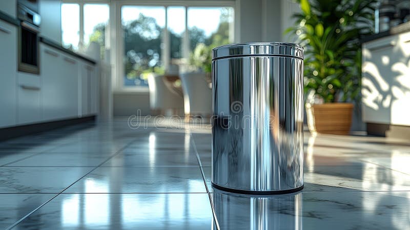 Closeup of Shiny Silver Trash Can on the Floor in Modern Kitchen ...