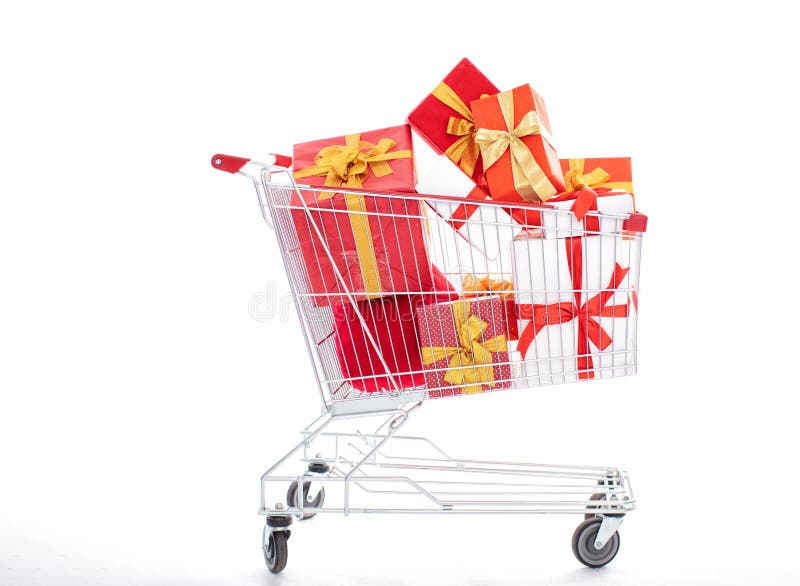 Closeup Shopping Cart with Gift Box Stock Photo - Image of purchase ...