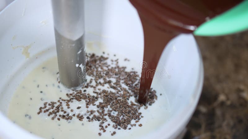 Closeup Shot of Adding Chocolate in a Bowl with Milk and Cacao Seed for ...