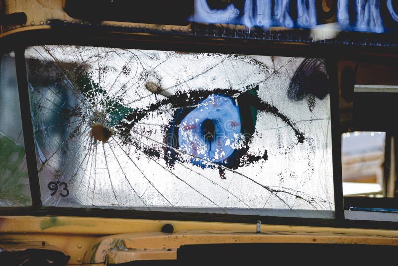Closeup Shot of a Broken School Bus Glass Stock Image - Image of hole ...