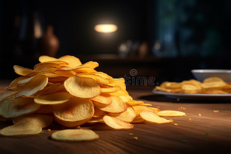 Closeup Shot Captures a Tempting Stack of Potato Chips on Table Stock ...