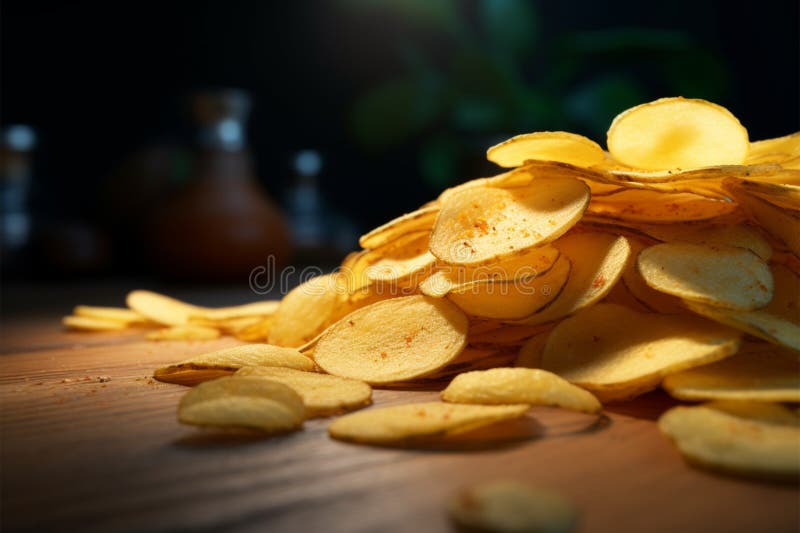 Closeup Shot Captures a Tempting Stack of Potato Chips on Table Stock ...