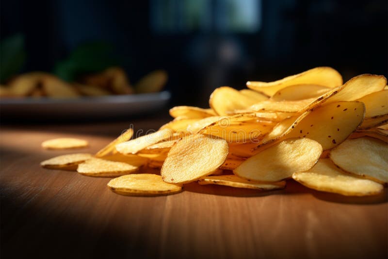 Closeup Shot Captures a Tempting Stack of Potato Chips on Table Stock ...