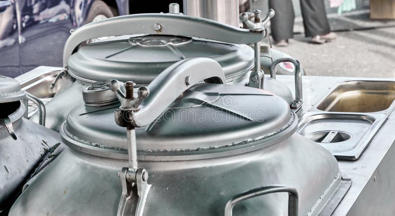 Closeup Shot of Catering Service Pots in a Cafeteria Kitchen Stock ...
