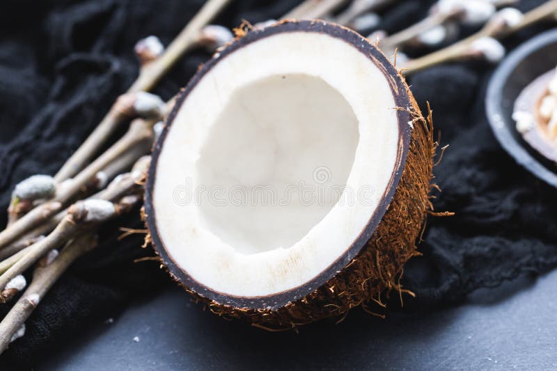 Closeup Shot of a Cut Coconut on a Grey Background - Perfect for ...