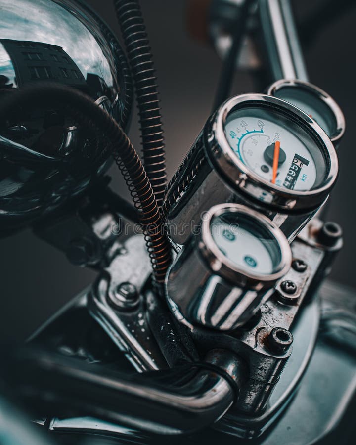 Closeup Shot of Details of Motorcycle Dashboard Panel with Speedometer ...