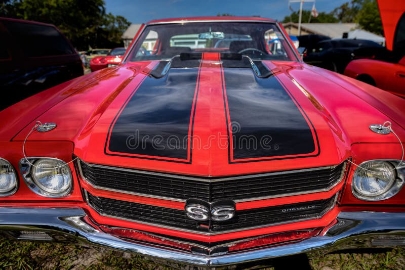 Closeup Shot of the Front View of a Red Chevy SS 1970 at an Open-air ...