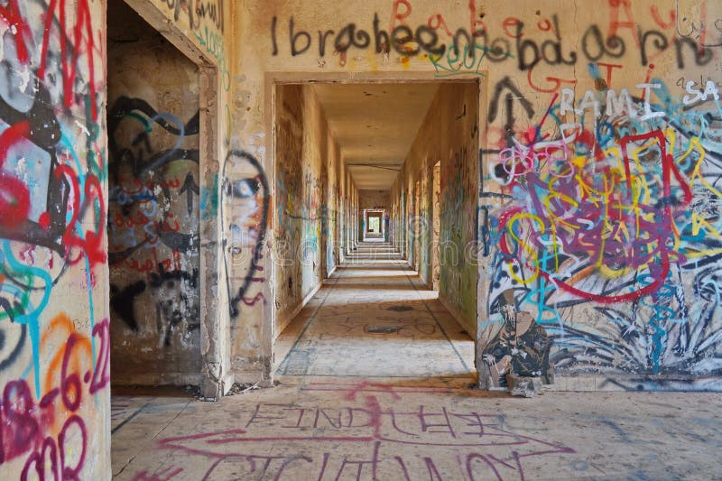 Closeup Shot of the Interior of an Old Abandoned Building with Graffiti ...
